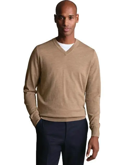 CHARLES TYRWHITT Merino Wool V-neck Sweater - Oatmeal