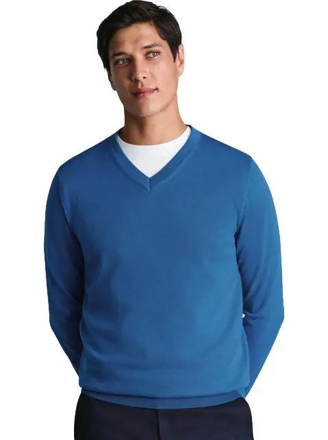 CHARLES TYRWHITT Merino Wool V-neck Sweater - Ocean Blue