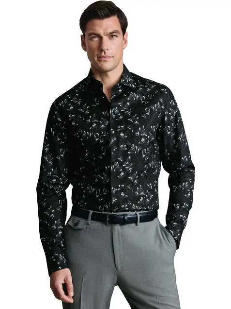 CHARLES TYRWHITT Non-iron Stretch Floral Print Shirt - Black