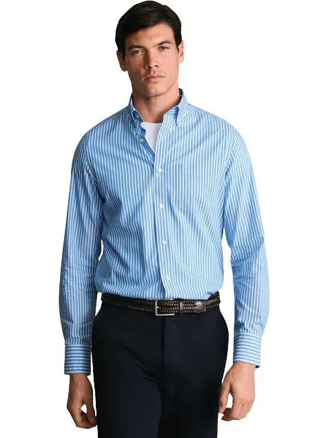 CHARLES TYRWHITT Stripe Stretch Washed Poplin Shirt - Ocean Blue