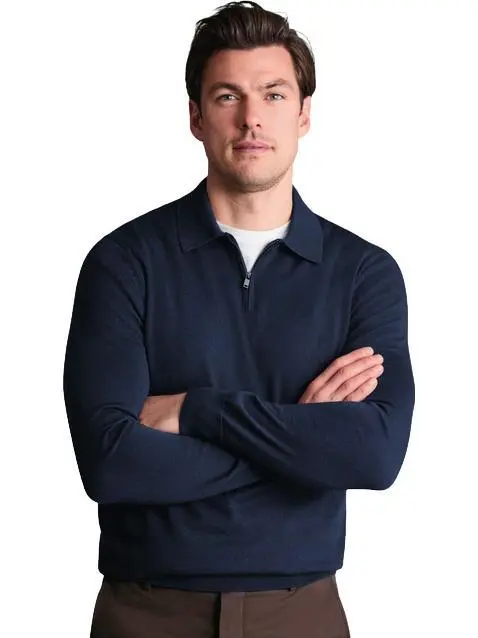 CHARLES TYRWHITT Merino Zip Polo Neck Long Sleeve - Navy