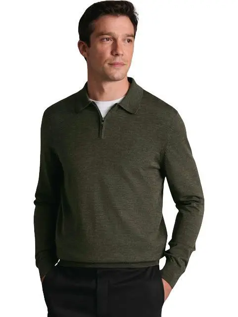 CHARLES TYRWHITT Merino Zip Polo Neck Long Sleeve - Olive Green