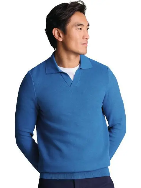 CHARLES TYRWHITT Cotton Honeycomb Trophy Neck Sweater - Mid Blue