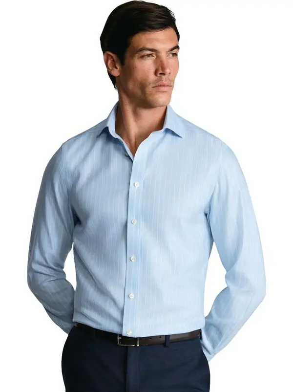 CHARLES TYRWHITT Non-iron Striped Herringbone Shirt - Light Blue