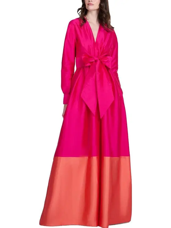 EMILY SHALANT Colorblock Long Sleeve Taffeta Gown - Watermelon/coral