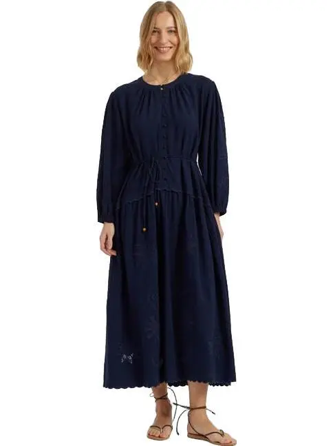 Chinti & Parker Linen-blend Broderie Midi Dress - Navy