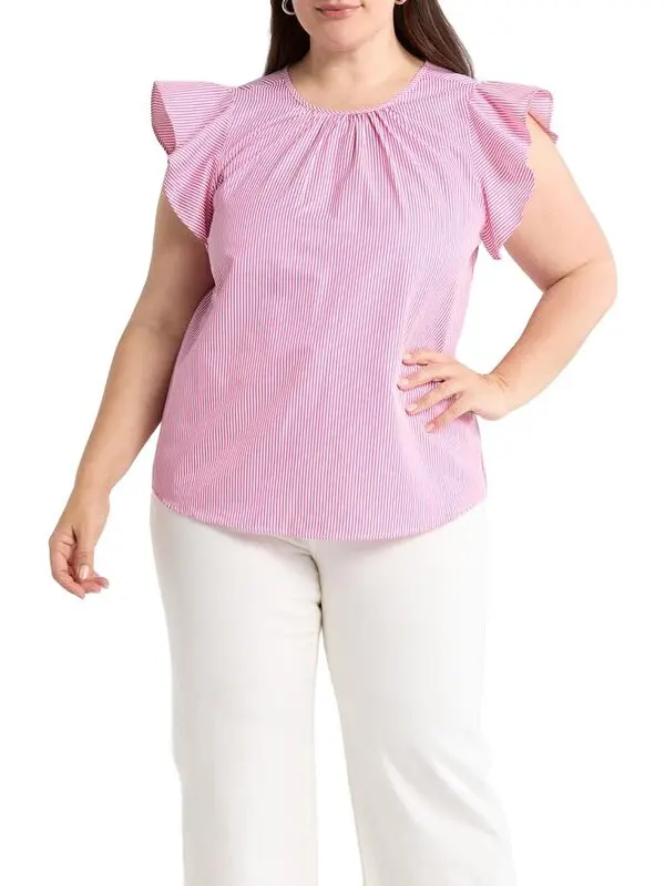 SUGARLIPS Striped Ruffle Trim Top - Fuchsia