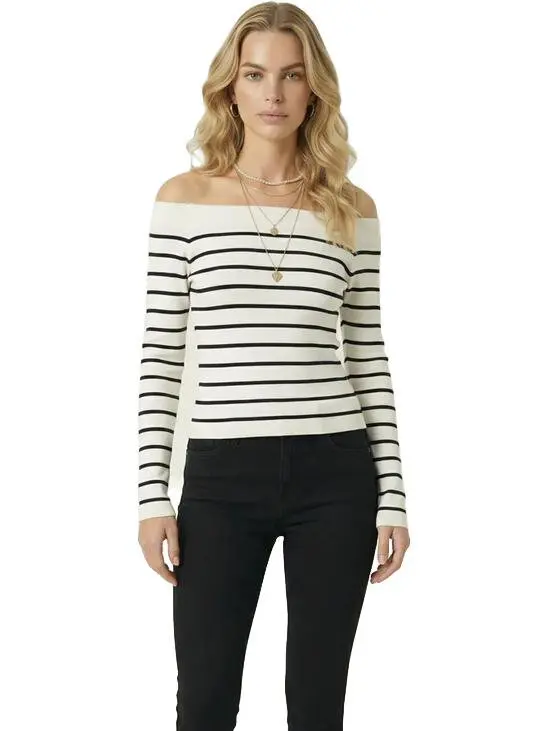 MODENAIRE Off-the-shoulder Striped Knit Top - White/black Stripes