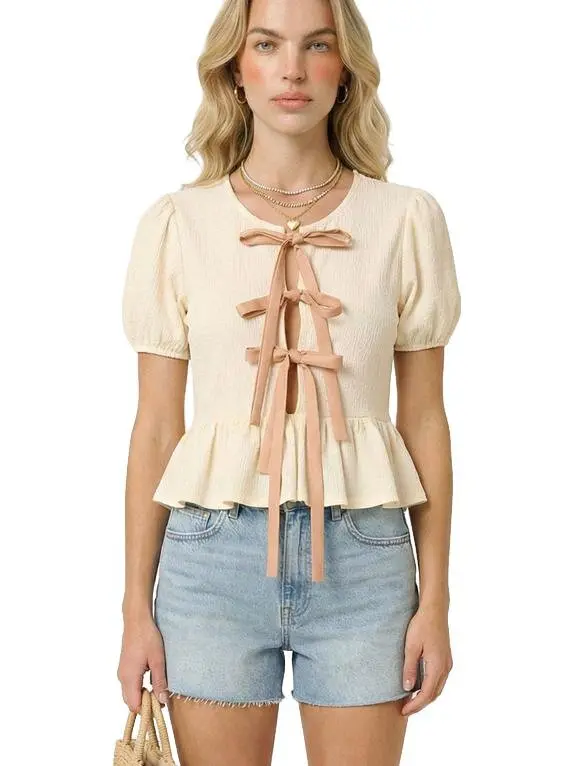 MODENAIRE Puff-sleeve Bow-tie Front Peplum Blouse - Cream