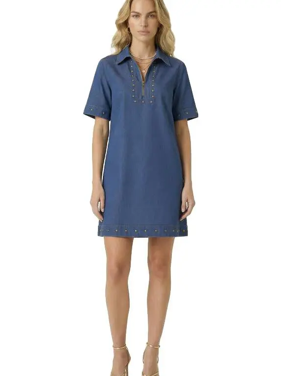 MODENAIRE Studded Denim Mini Dress - Mid-wash Blue