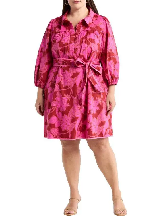 SUGARLIPS Floral Print Tie Waist Shirtdress - Burgundy-pink