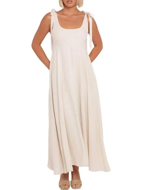 PETAL & PUP Valara Tie Shoulder Maxi Dress - Oatmeal