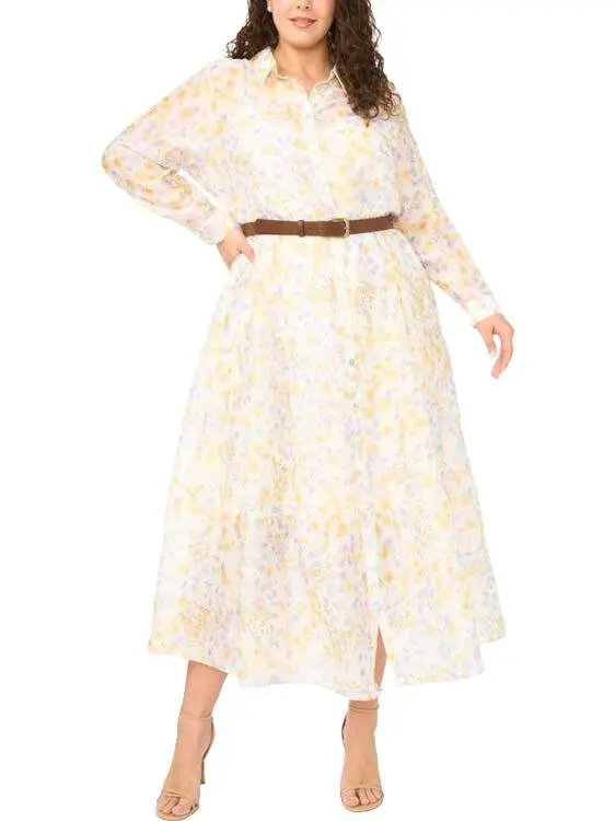 Halogen Floral Print Long Sleeve Maxi Shirtdress - Egret