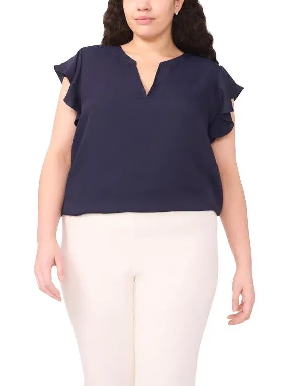 Halogen Flutter Sleeve Split-neck Top - Baritone Blue