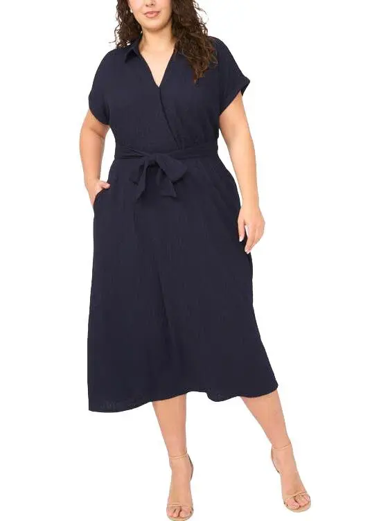 Halogen Tie Belt Textured Midi Dress - Baritone Blue