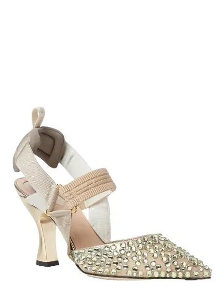 Fendi Colibri Crystal Embellished Slingback Pumps - Beige