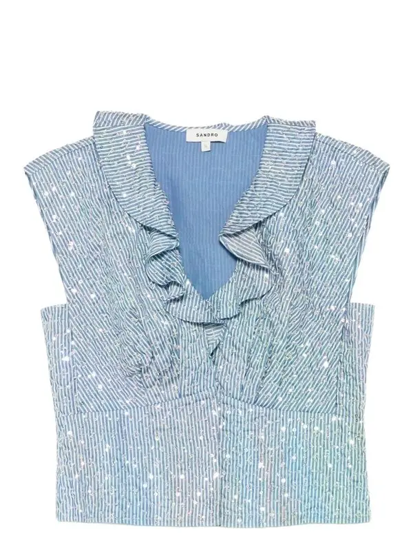 Sandro Striped Sequin Ruffled V-neck Sleeveless Top - Blue