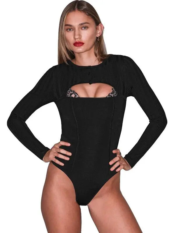 FLEUR DU MAL Rib Shrug Bodysuit - Black