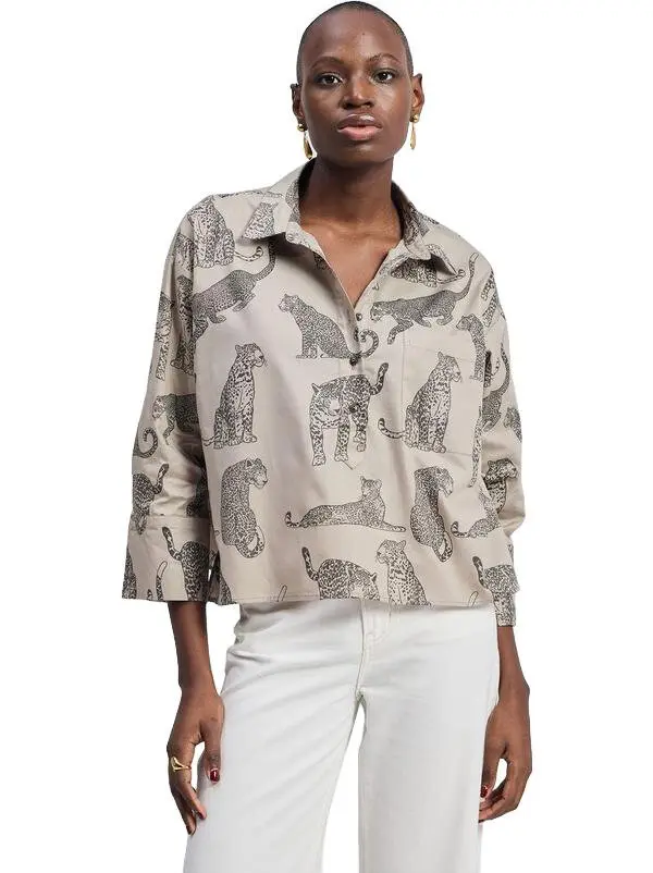 REISTOR Oversized Cropped Front-buttoned Shirt - Animal Print