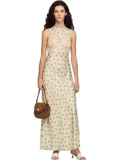 Sandro Sleeveless Print Maxi Dress With Lace Trim - Floral