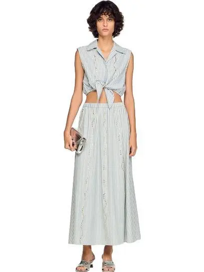 Sandro Rhinestone Striped Maxi Skirt - Blue