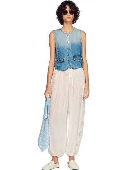 Sandro Balloon Crepon Pants With Lace Inserts - White