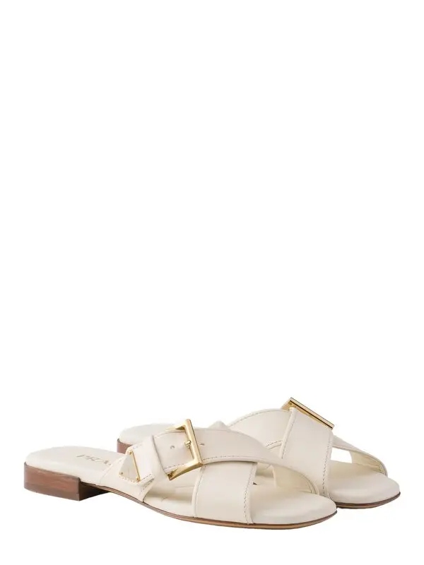 Prada Leather Crisscross Slides With Buckle - Neutral