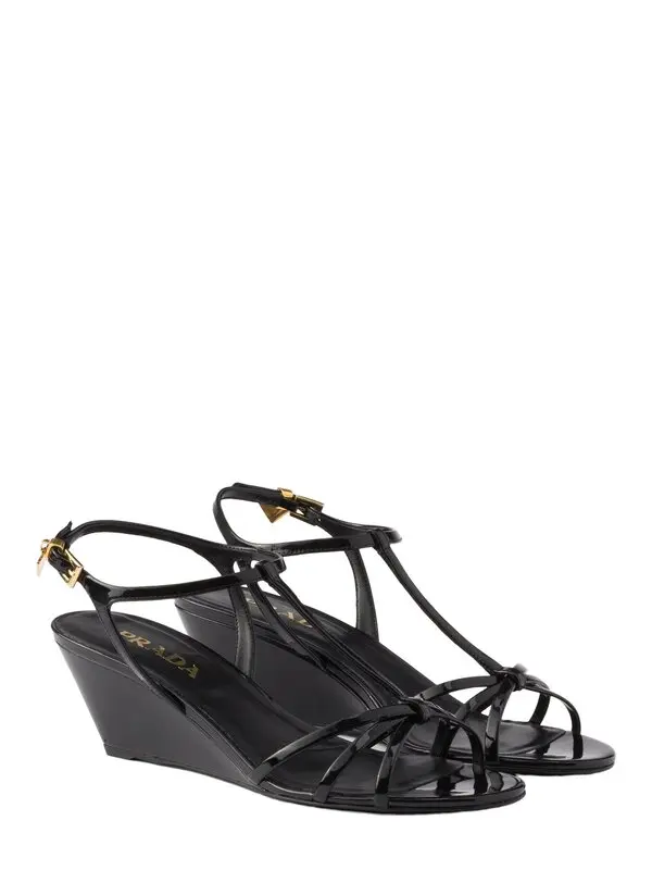 Prada Patent Leather Wedge Sandals - Black
