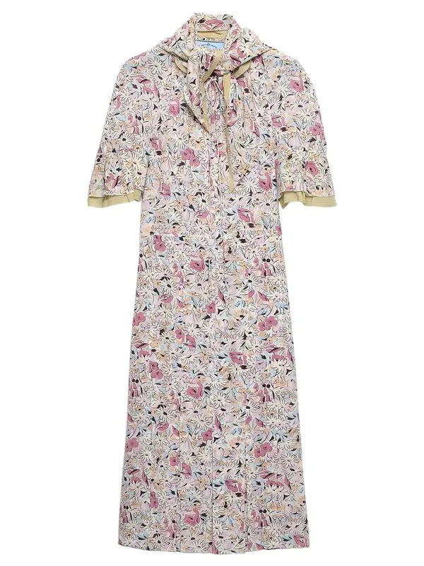 Prada Floral Print Georgette Dress With Scarf - Purple