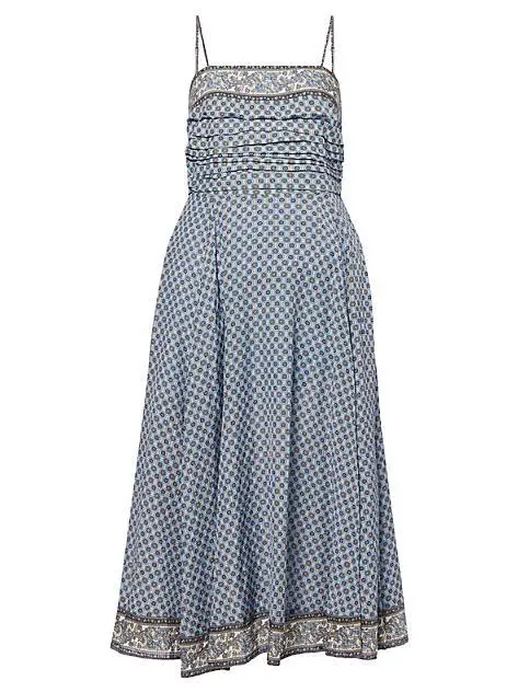 Veronica Beard Lana Printed Pintuck Woven Midi Dress - Blue Jay Multi