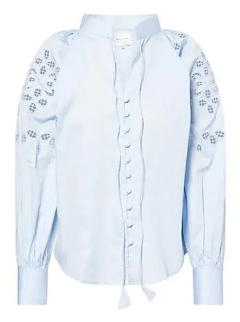 Mona Alshebil Embroidered Puff-sleeve Cotton Shirt - Light Blue