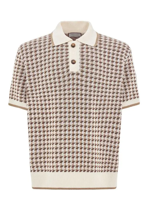 Canali Short-sleeved Linen And Silk Jacquard Polo Shirt With Houndstooth Pattern - Beige