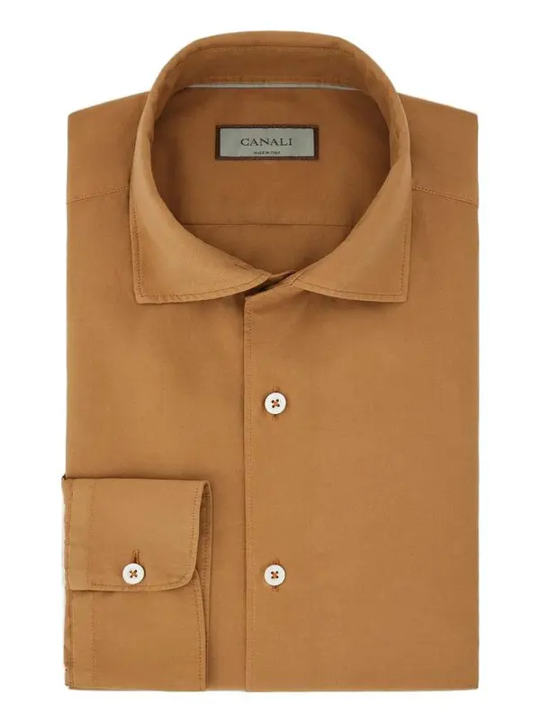 Canali Terracotta-colored Regular Fit Silk Cotton Garment Dyed Shirt - Brown