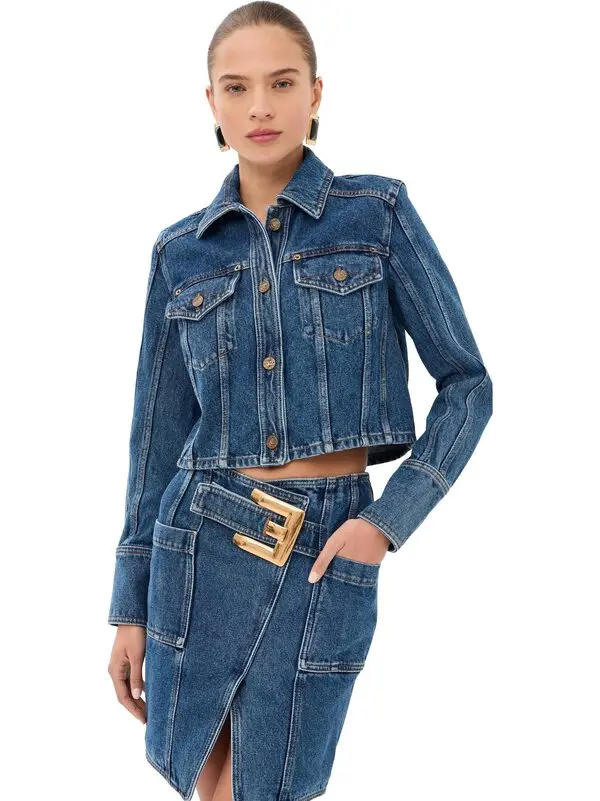 Balmain Cropped Denim Trucker Jacket - Bleu Jean Dark