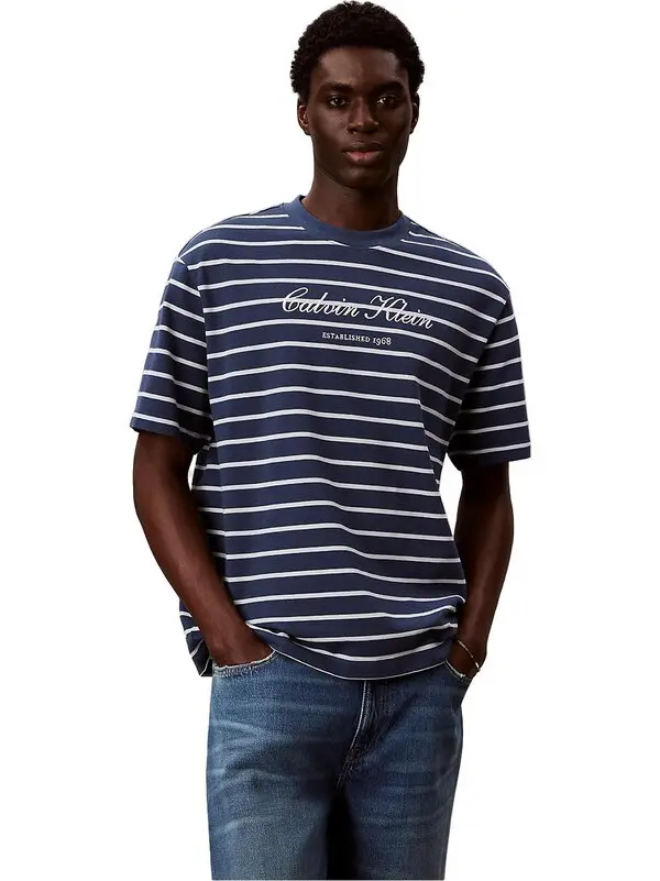 Calvin Klein Stripe Logo Graphic Relaxed T-shirt - Dark Denim
