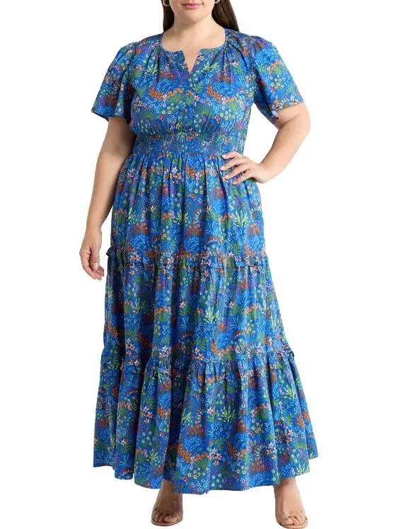 SUGARLIPS Ruy Floral Palmer Tiered Cotton Maxi Dress - Blue