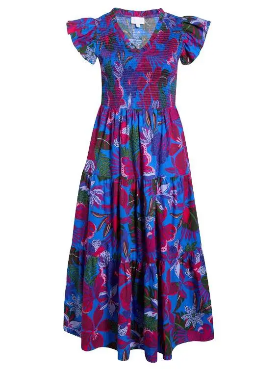 SUGARLIPS Mella Tropics Sunfire Smocked Cotton Tiered Maxi Dress - Blue/pink/combo