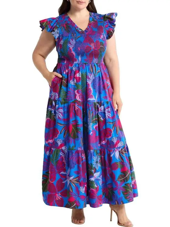 SUGARLIPS Mella Tropics Sunfire Smocked Cotton Tiered Maxi Dress - Blue/pink/combo