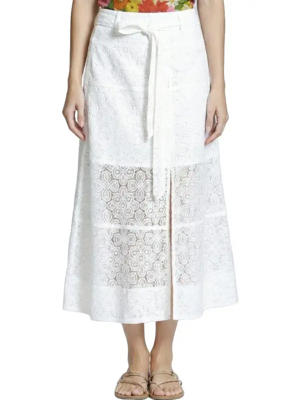 APNY Lace Midi Skirt With Tie Belt - White