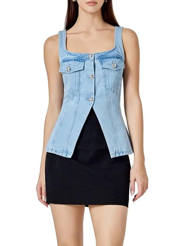 Endless Rose Fitted Denim Cutaway Vest - Light Denim