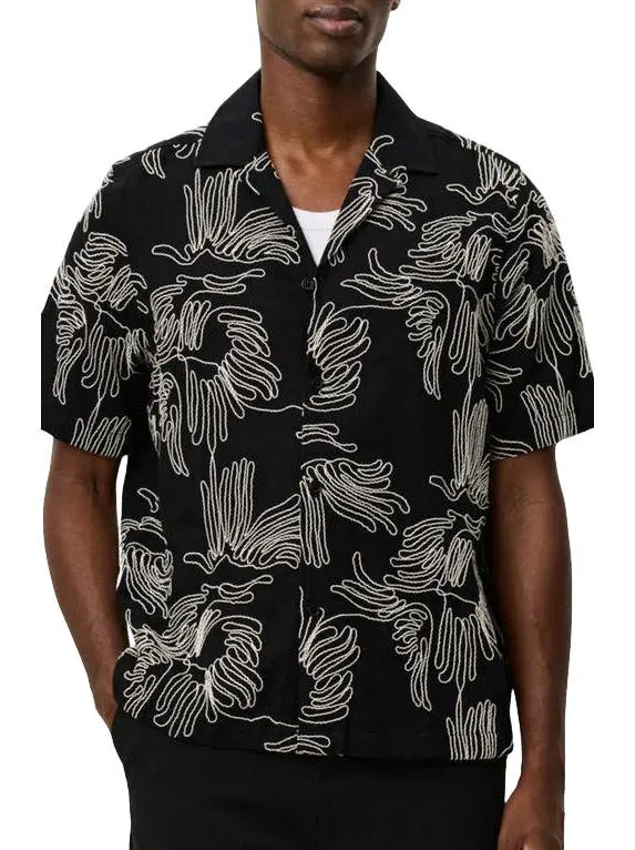 LES DEUX Liam Floral Embroidered Camp Shirt - Black