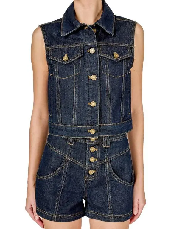 Endless Rose Crop Denim Vest - Dark Navy