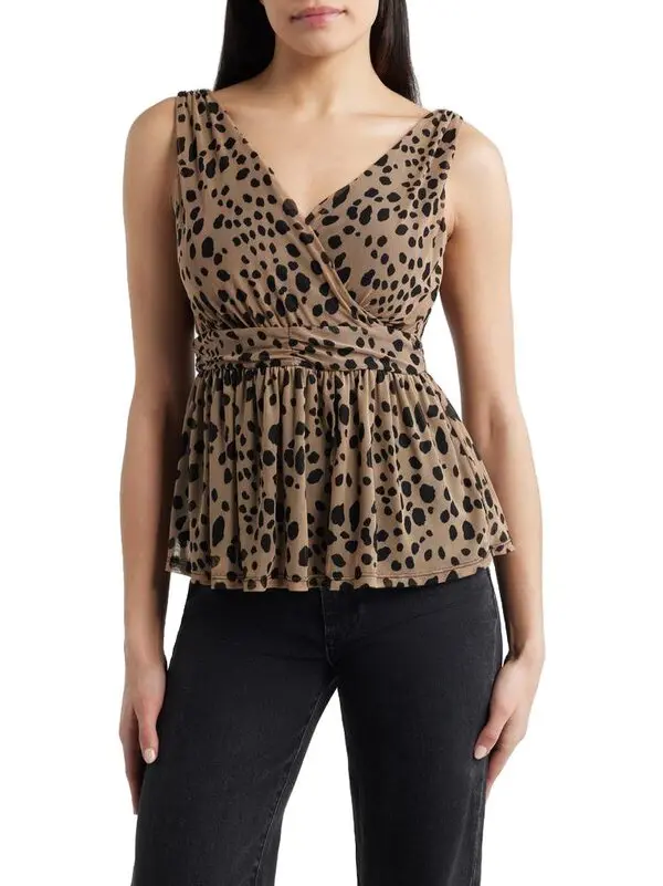 Loveappella Sleeveless Animal Print Peplum Top - Camel