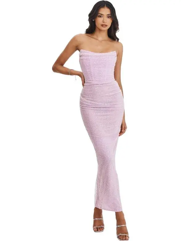 MISS CIRCLE Raylee Beaded Mesh Strapless Sheath Maxi Dress - Lilac