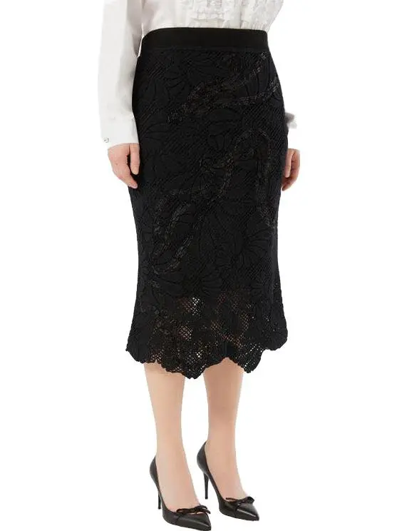 Marina Rinaldi Knit Midi Skirt With Floral Detail - Black