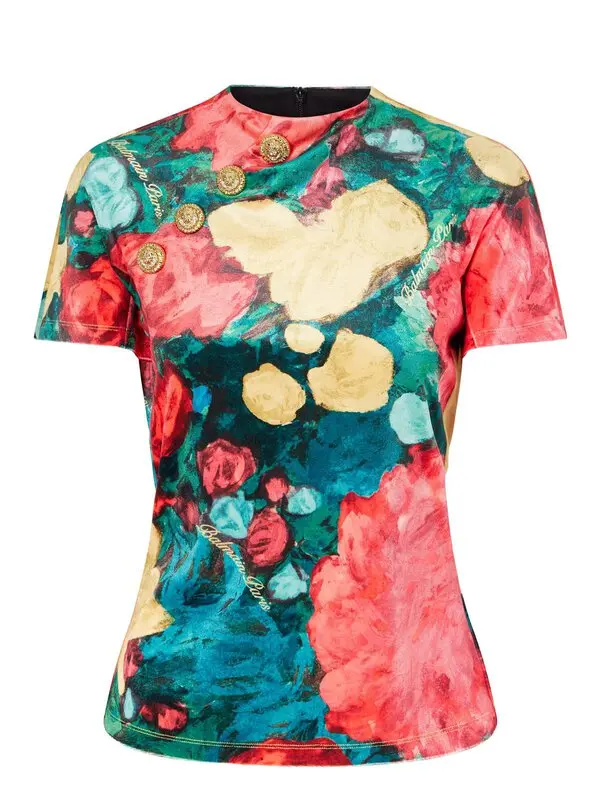 Balmain Embellished Floral-print Velvet T-shirt - Green