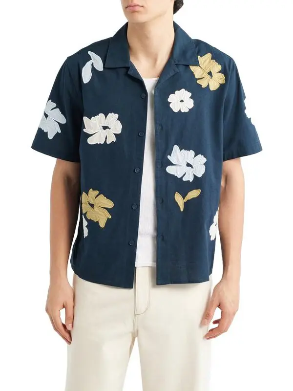 WAX LONDON Didcot Floral Cotton & Linen Camp Shirt - Navy/multi