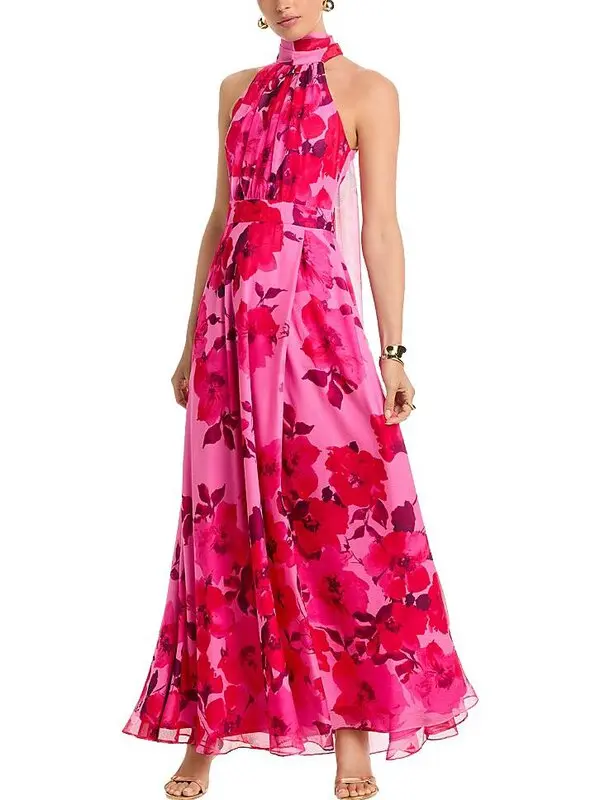 Aqua Floral Halter Neck Maxi Dress - Red/pink