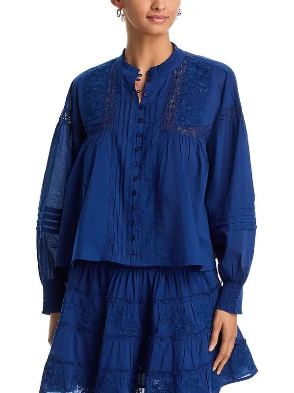 Aqua Embroidered Pintucked Blouse - Navy