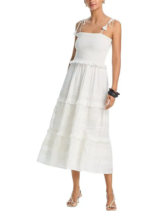 Aqua Giovanni Embroidered Smocked Midi Dress - White Pearl